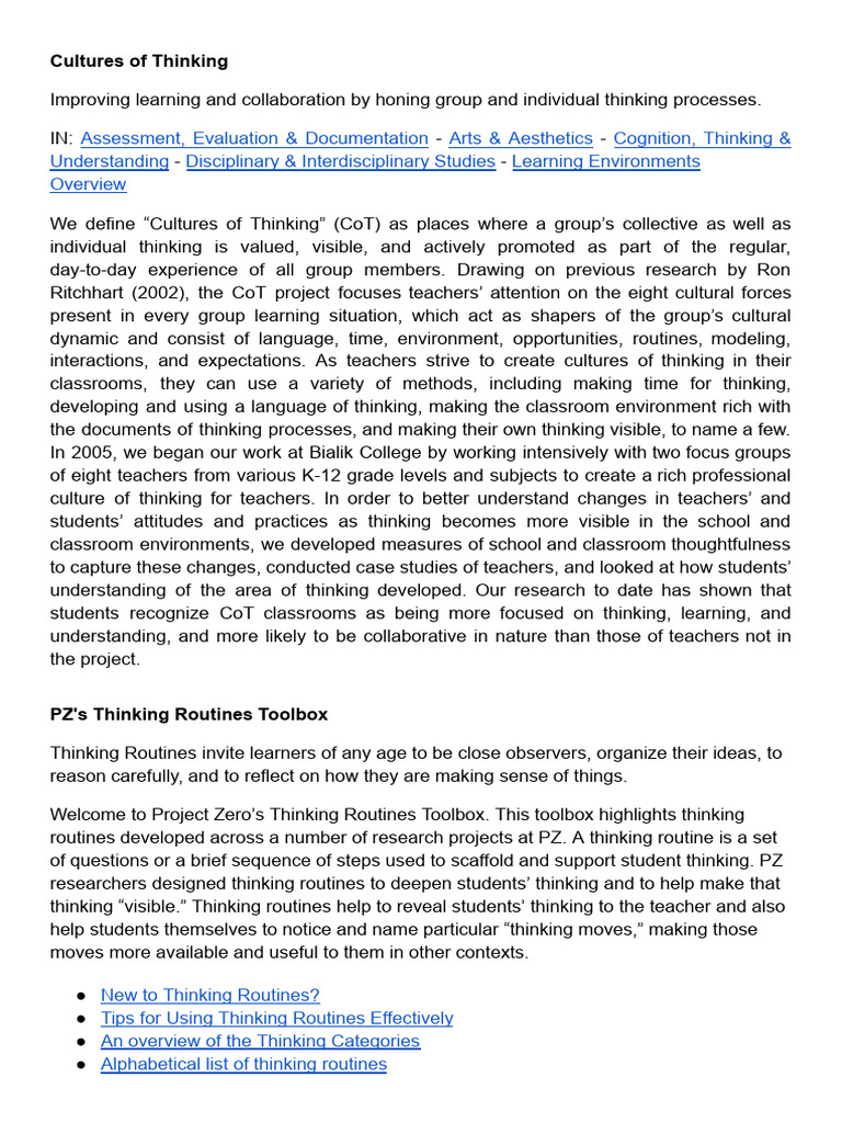 Cultures of Thinking in Education | PDF | Thought | Teachers