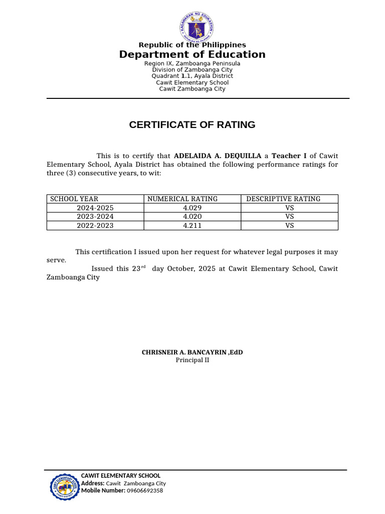 Cawit Elementary School Teacher Rating Certificate | PDF