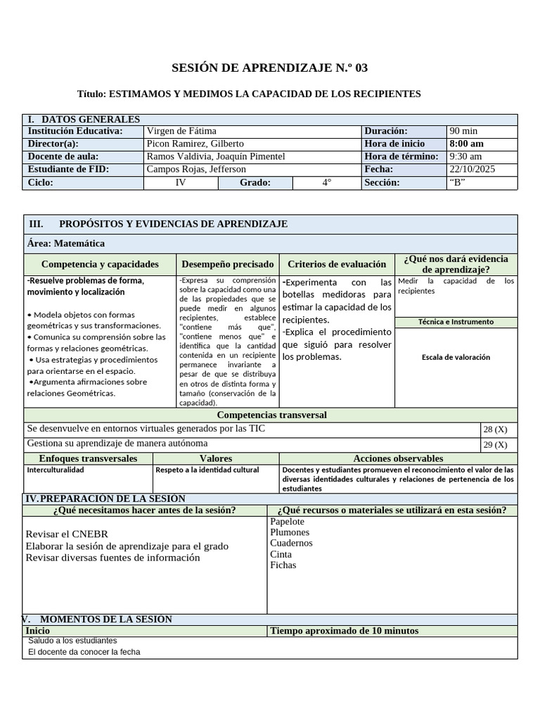 Medimos La Capacidad Sesion 4to B - 073244 | PDF | Aprendizaje | Maestros