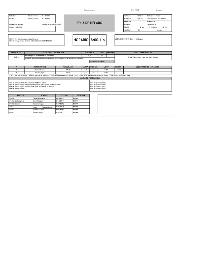 Plan de Rodaje para "Unico Día" | PDF