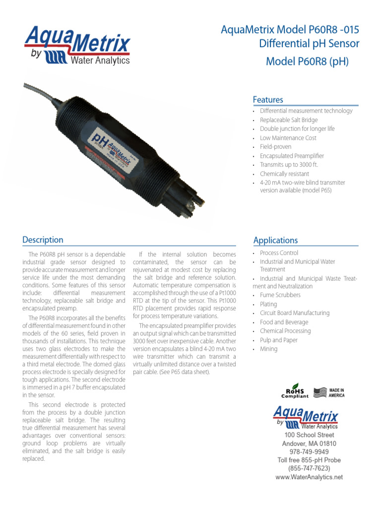 Aquametrix - Datasheet (PH Sensor p60-r8-15) | PDF | Ph | Sensor