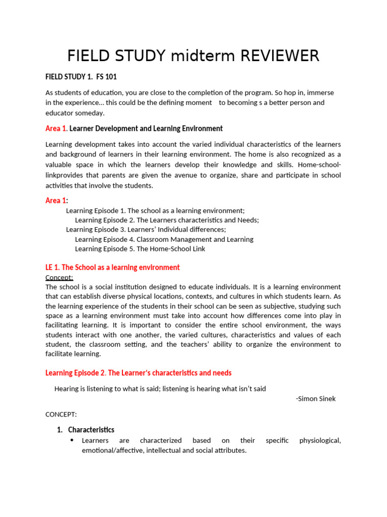 Field Study 1 Midterm Review Guide | PDF | Learning | Intelligence