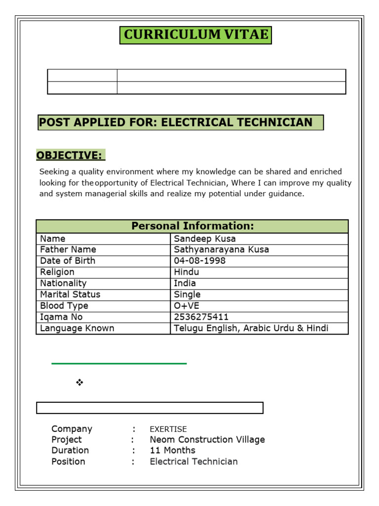 Sandeep ... Curriculum Vitae | PDF | Electrician | Electricity