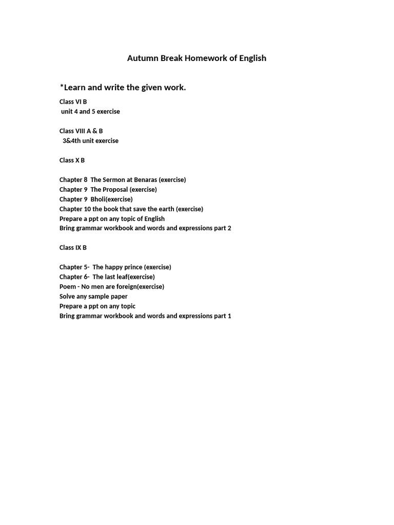 Autumn Break Homework | PDF