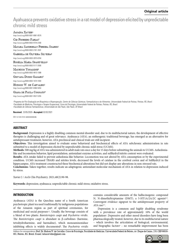 Ayahuasca Prevents Oxidative Stress in A Rat Model of Depression ...