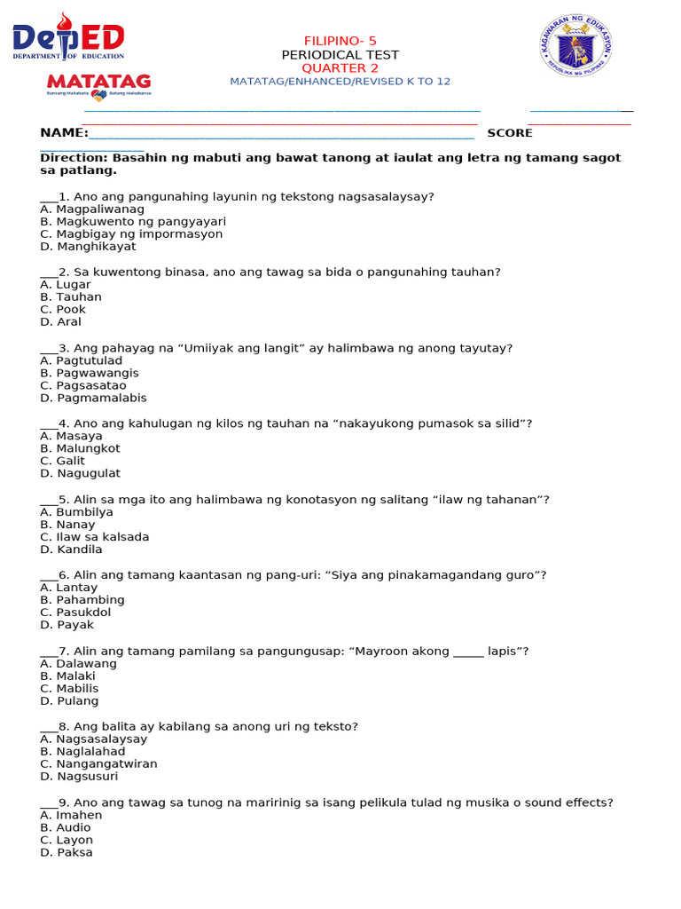 v3 - G5 - FILIPINO - Q2 - TEST - TOS - ANSWER KEY | PDF
