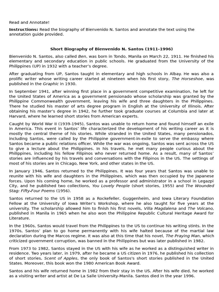 Read and Annotate - Week 3 - Biography of Bienvenido N. Santos | PDF | Philippines
