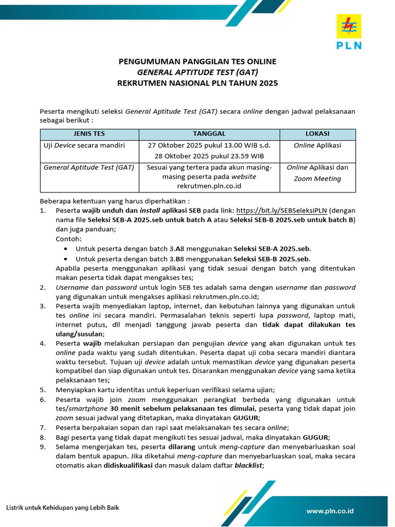 Panduan Tes GAT PLN 2025 Online | PDF