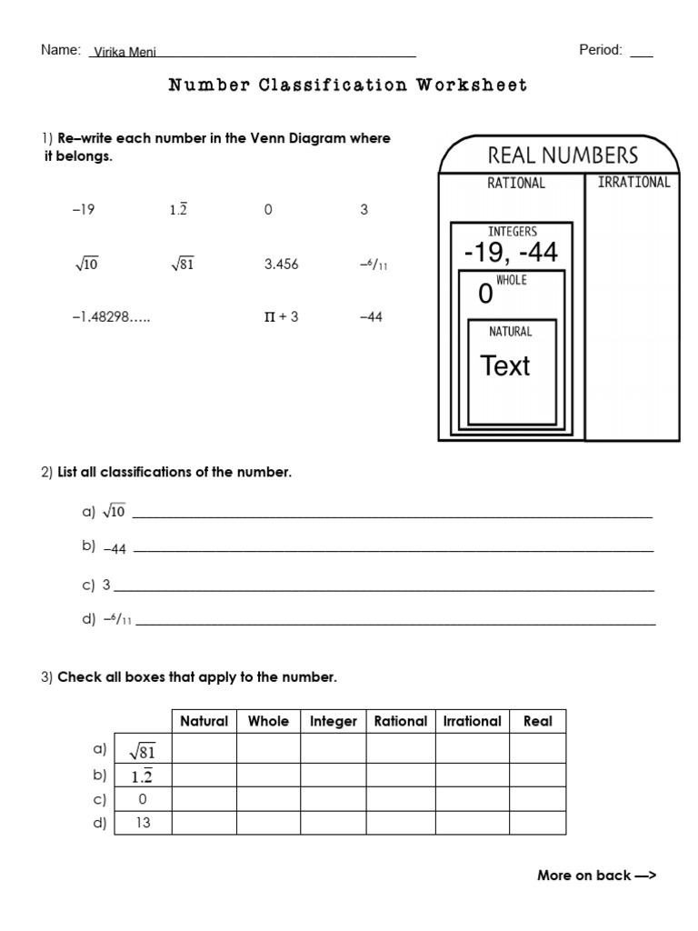Number Classification Worksheet | PDF | Numbers | Rational Number