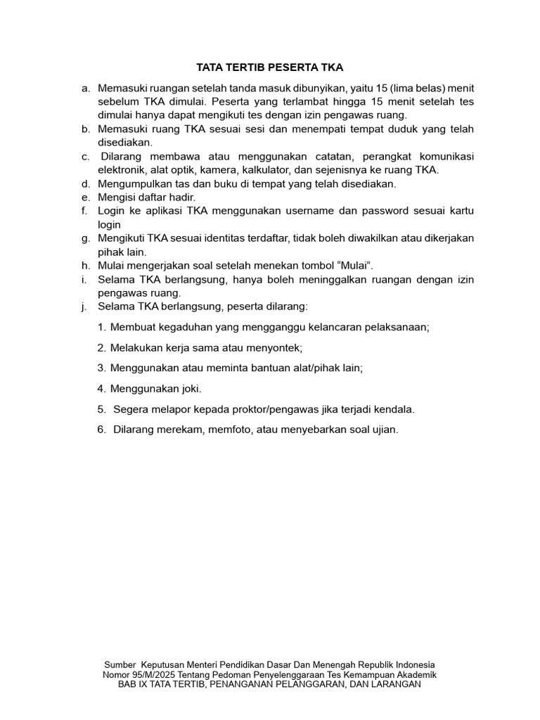Tata Tertib TKA 2025 untuk Peserta dan Pengawas | PDF