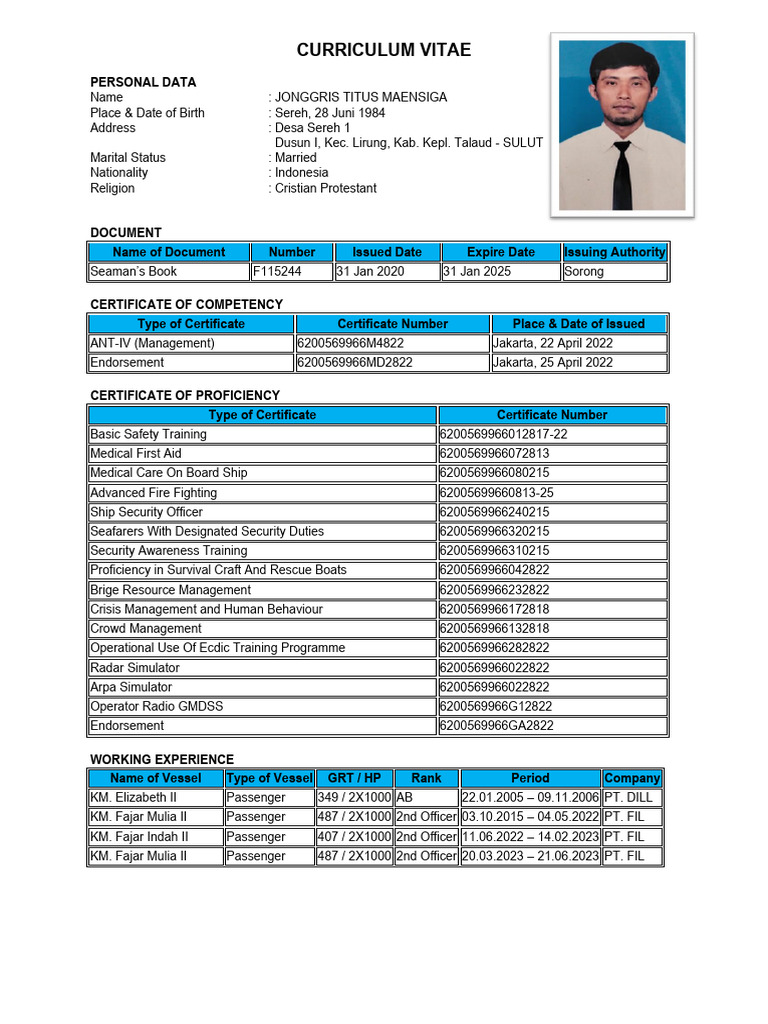 CURRICULUM VITA Jonggris Titius | PDF | Water Transport | Shipping