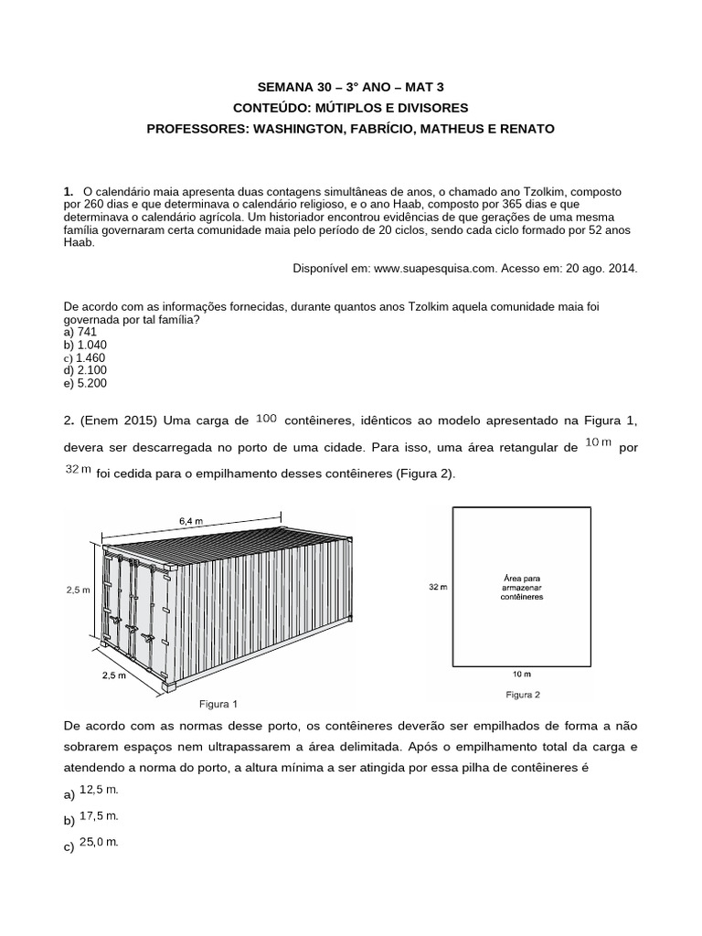 Semana 30 3 Ano Matemática 3 Pdf Calendário Maratona