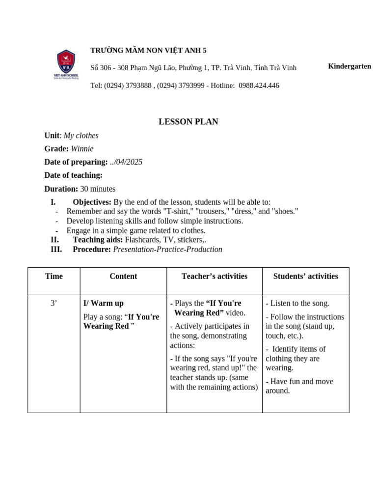 Kindergarten Lesson Plan: My Clothes | PDF | Vocabulary | Fashion