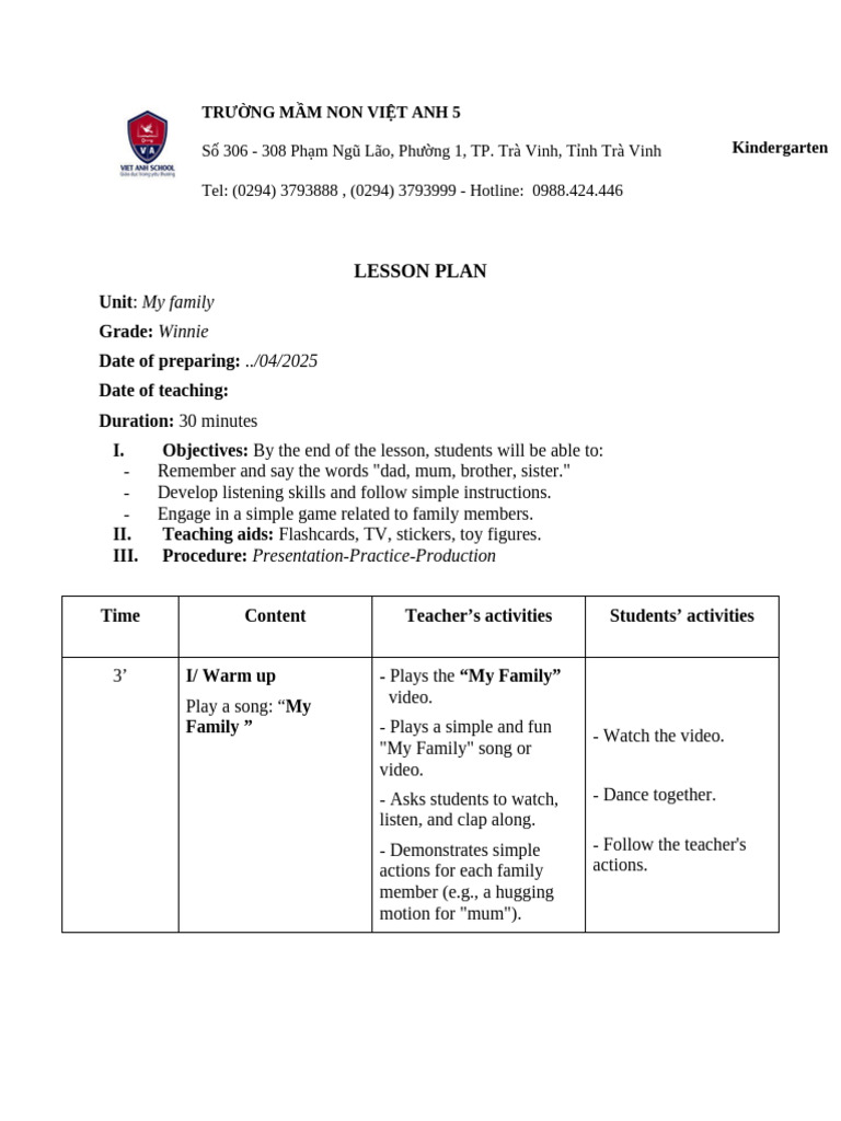 Lesson Plan My Family-NND | PDF | Cognition | Teaching