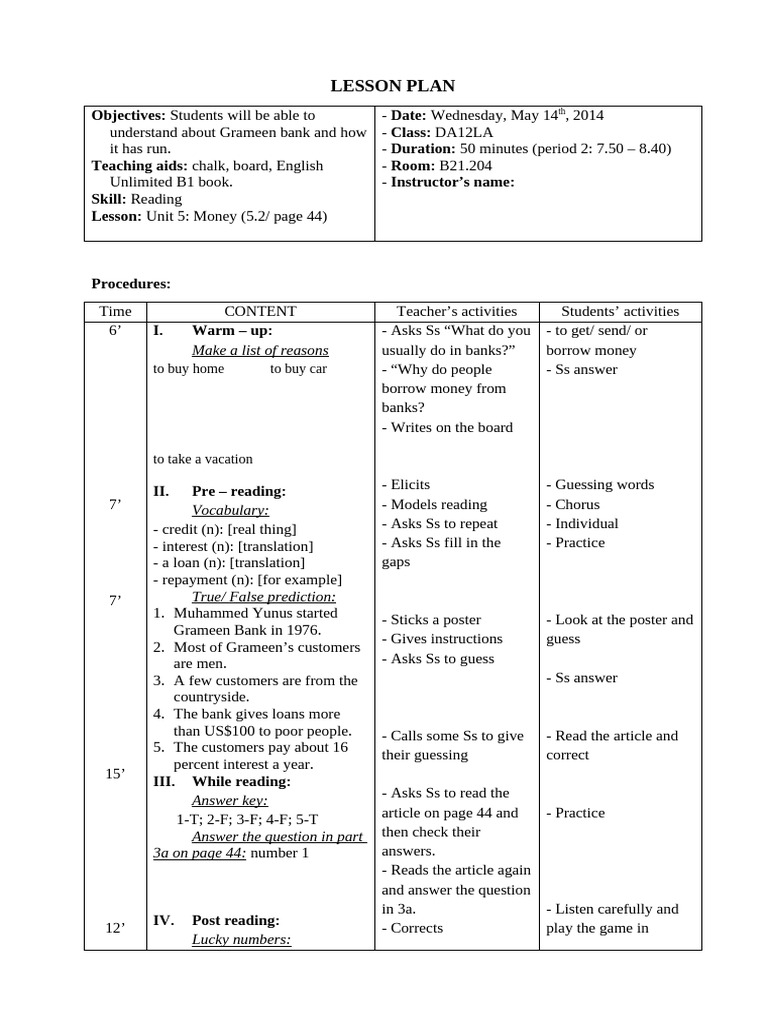 Grameen Bank Lesson Plan for Students | PDF | Grameen Bank | Learning