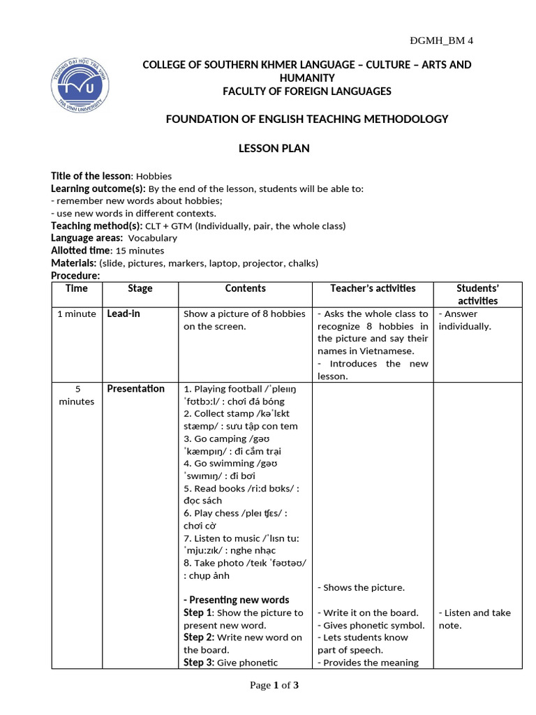 English Lesson Plan: Hobbies | PDF | Learning | Linguistics