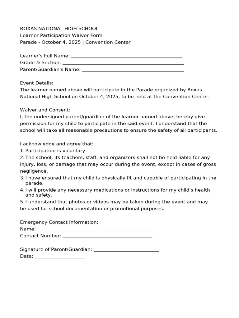 Roxas Parade Waiver Form | PDF