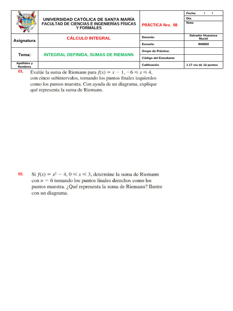 Practica 08 Integral Definida | PDF | Integral | Análisis matemático