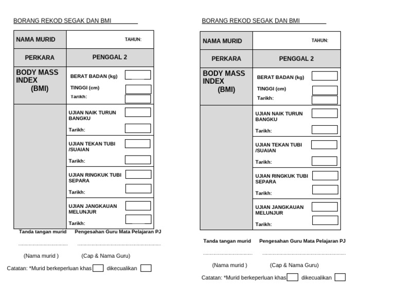 Borang Rekod Segak Dan Bmi | PDF