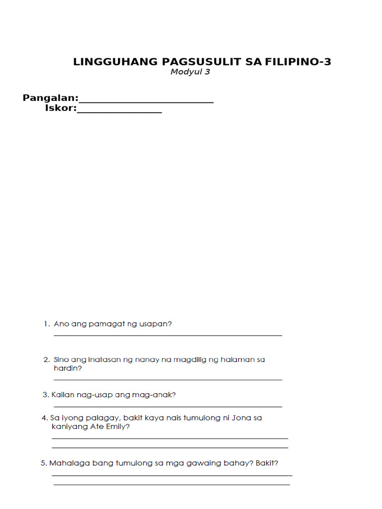 Lingguhang Pagsusulit Sa Filipino 3 and 4 | PDF