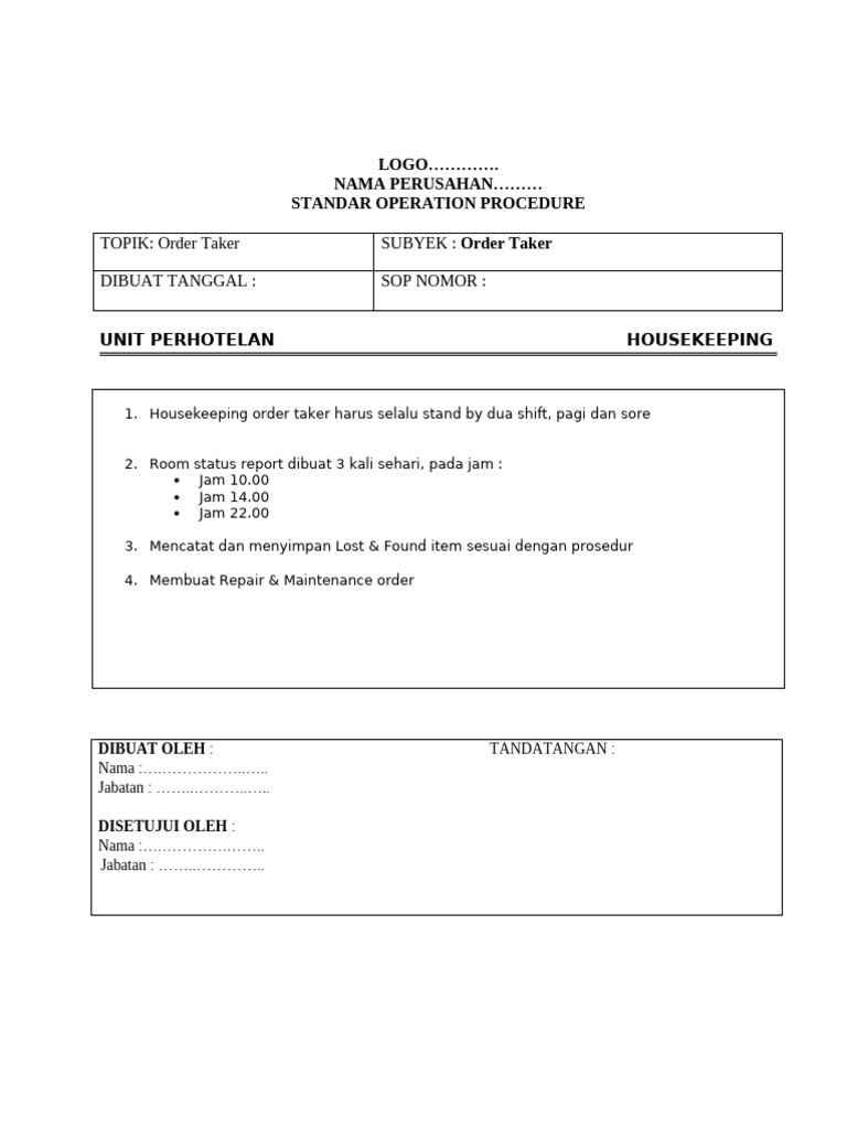 SOP Order Taker Housekeeping Hotel | PDF