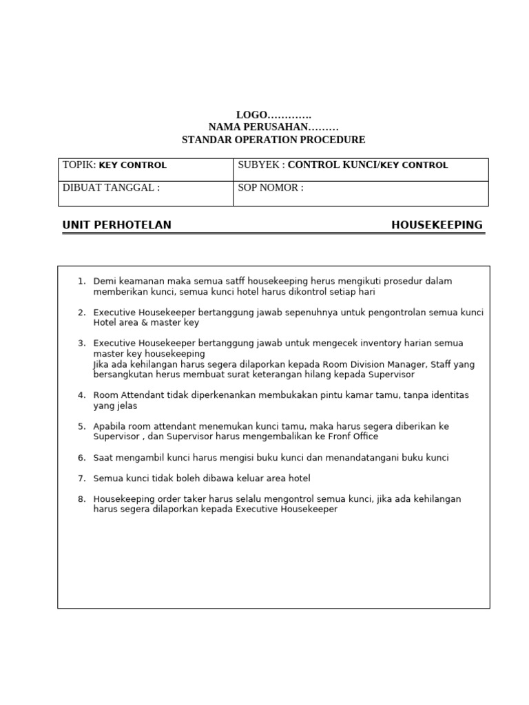 Prosedur Kontrol Kunci Housekeeping | PDF