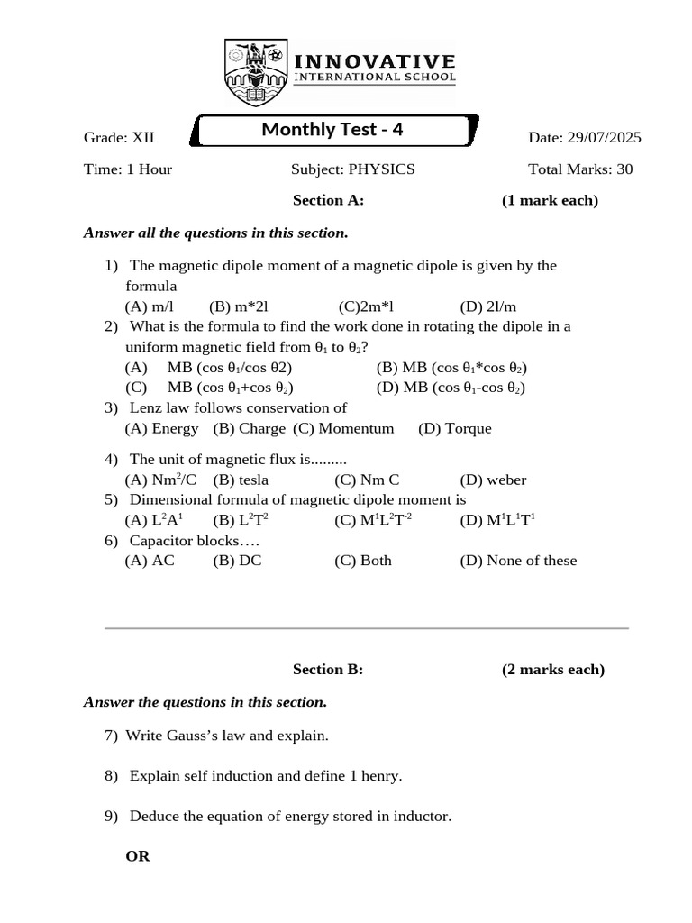 Monthly Physics Test - Magnetism Concepts | PDF | Magnetic Field ...