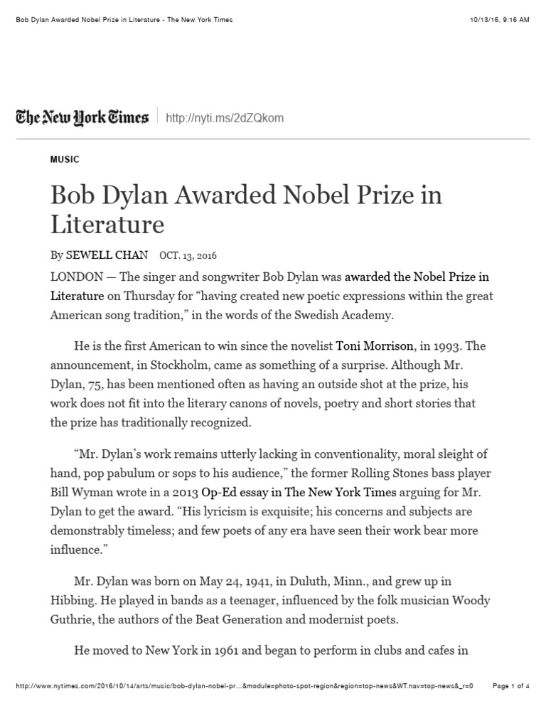 Bob Dylan Awarded Nobel Prize in Literature - The New York Times | PDF ...