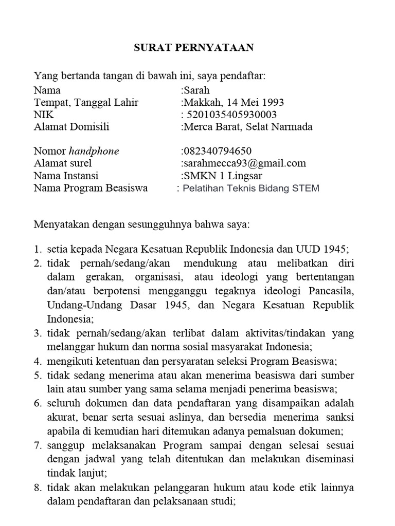 Surat Pernyataan Pendaftar Beasiswa STEM | PDF