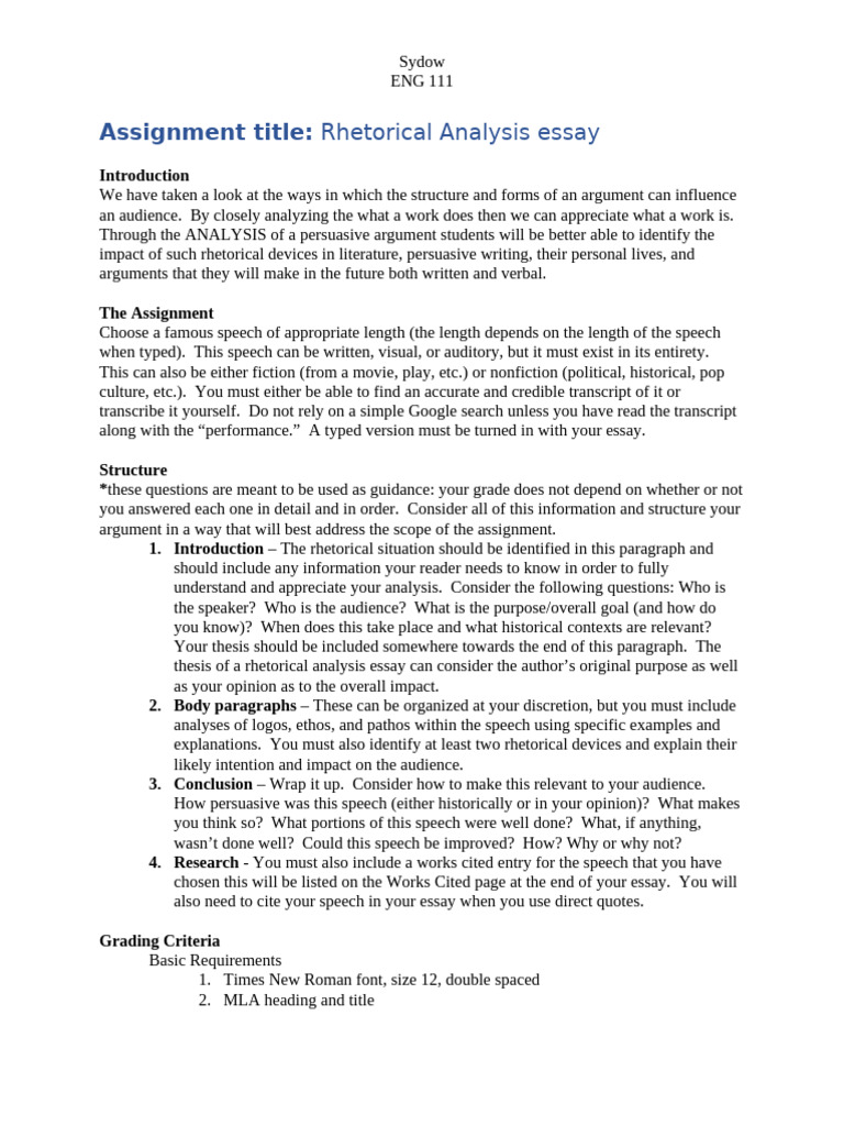 Rhetorical Analysis Essay Handout | PDF | Rhetoric | Essays
