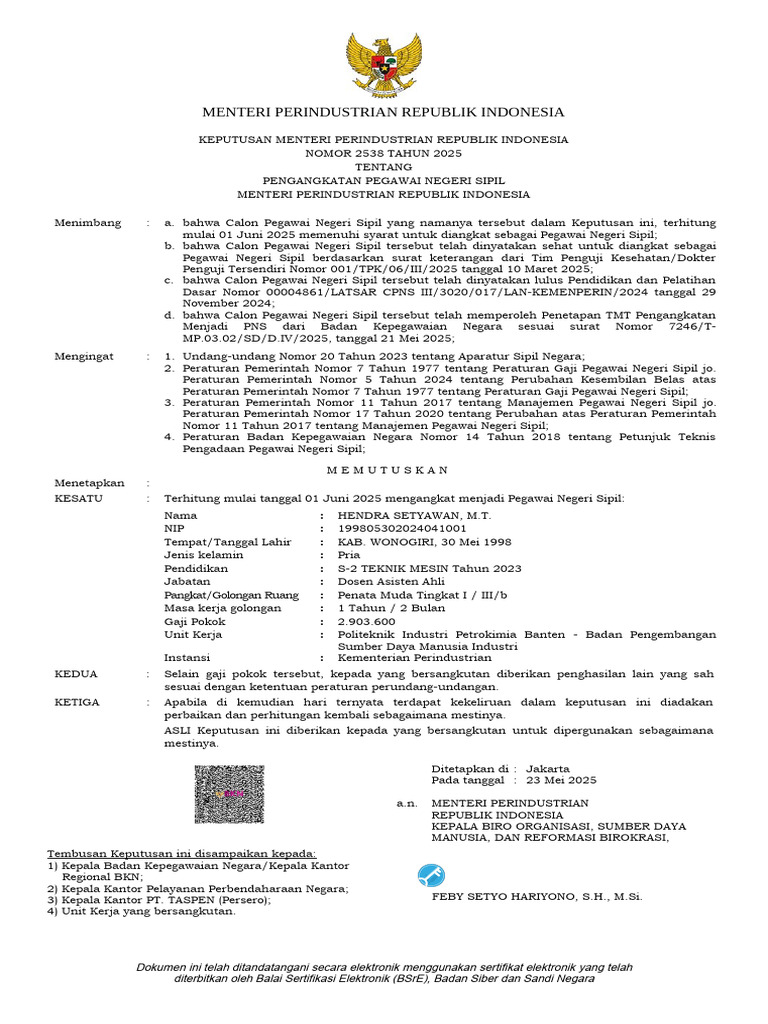 Pengangkatan PNS Hendra Setyawan 2025 | PDF