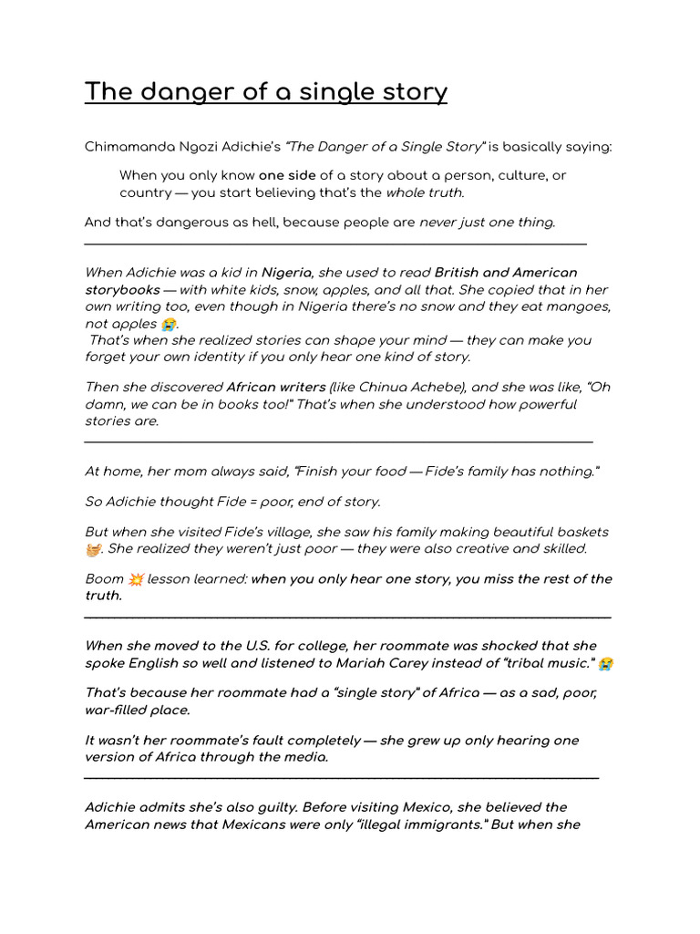 The Danger of a Single Story Explained | PDF