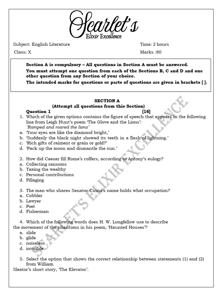 English Literature Exam Paper Class X | PDF | Julius Caesar