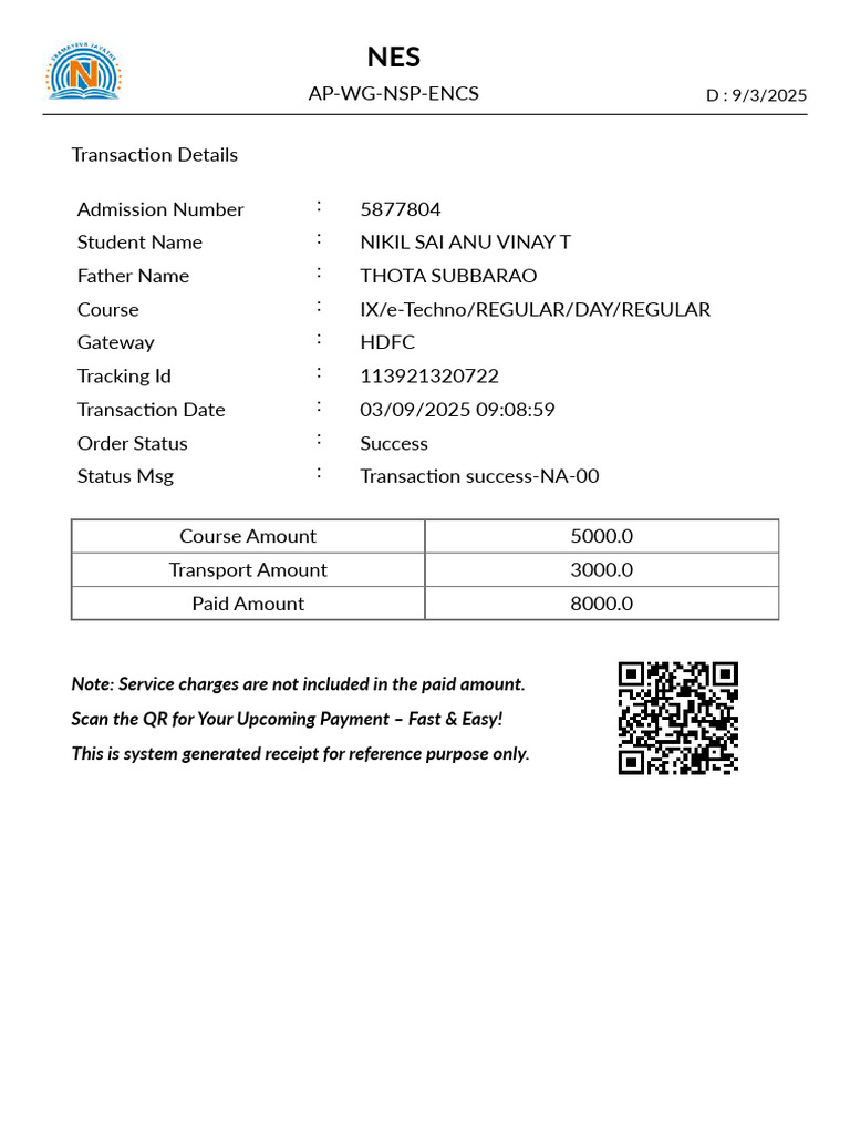 IX Course Payment Receipt for Nikil Sai | PDF