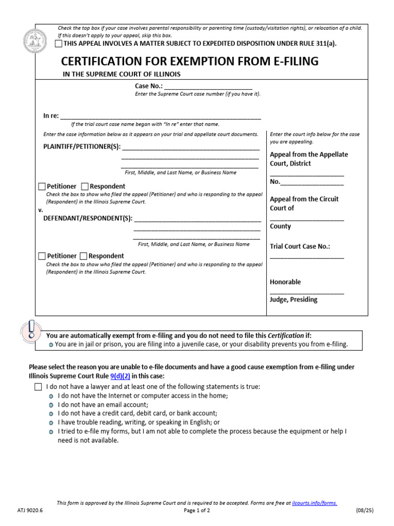 Illinois E-Filing Exemption Certification | PDF | United States Courts ...