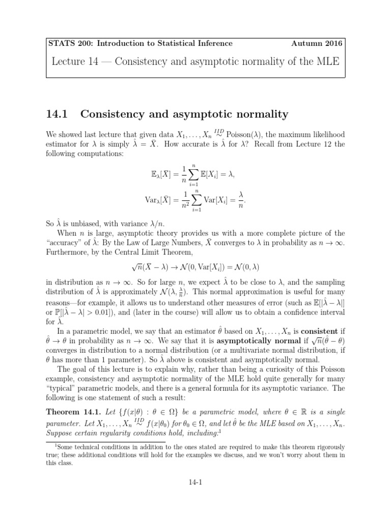 Lecture 14 Consistency and Asymptotic Normality of The MLE | PDF ...