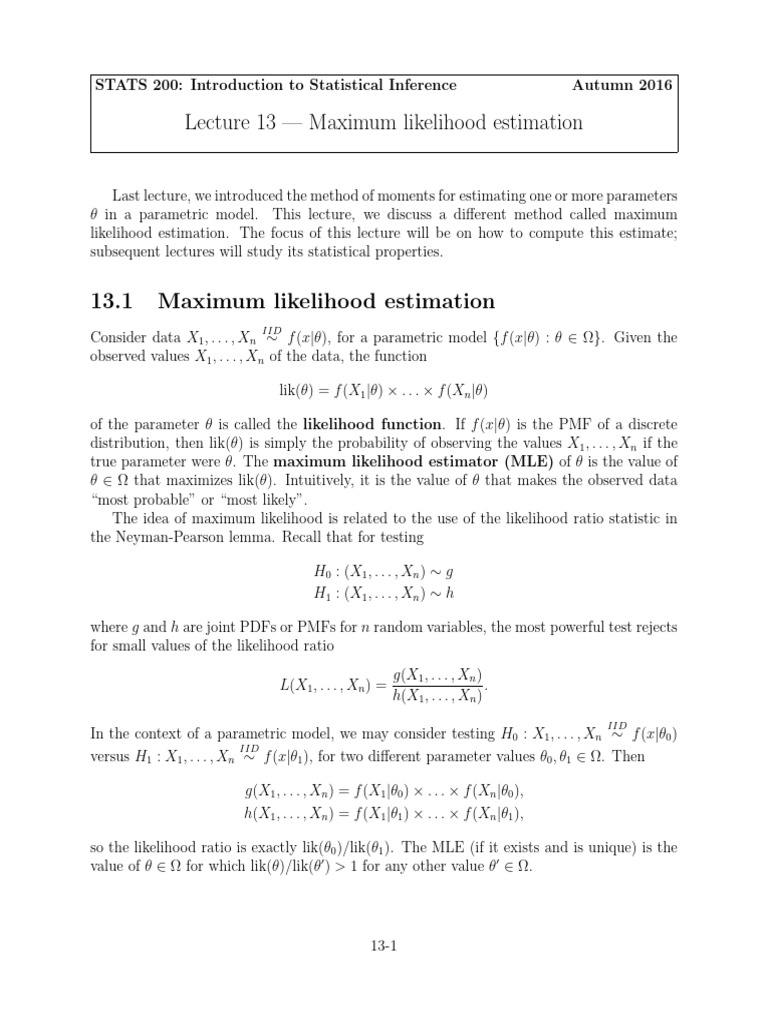 Lecture 13 - Maximum Likelihood Estimation | PDF | Estimation Theory ...
