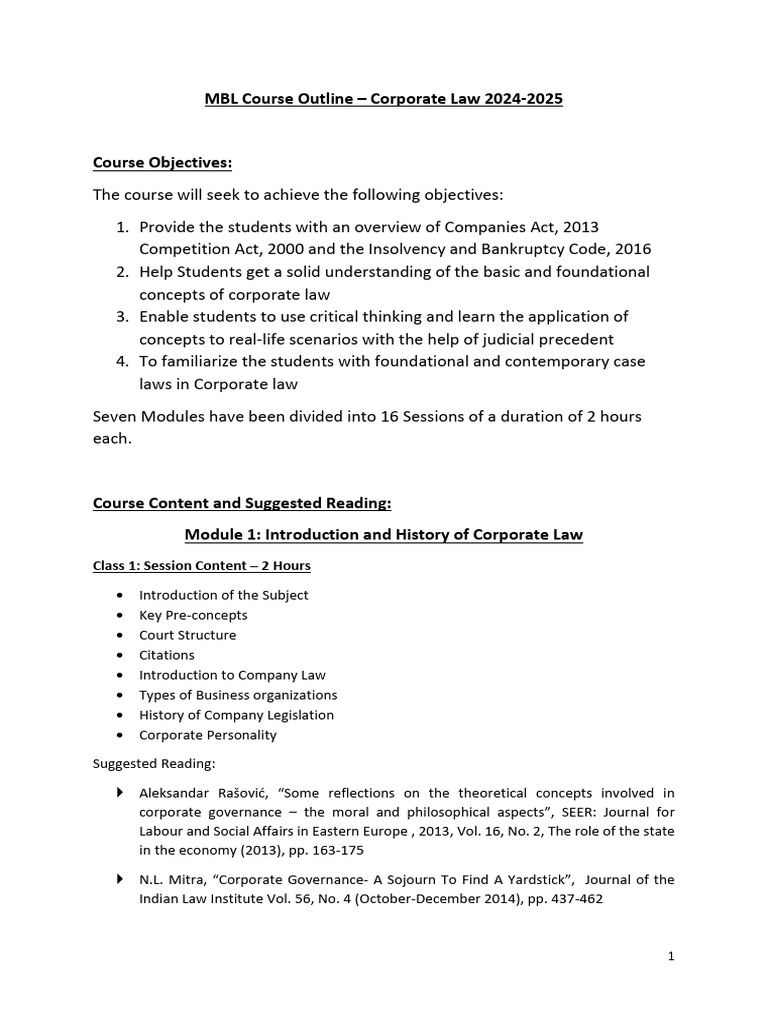 Corporate Law Course Outline 2024-2025 | PDF | Business Law | Corporations