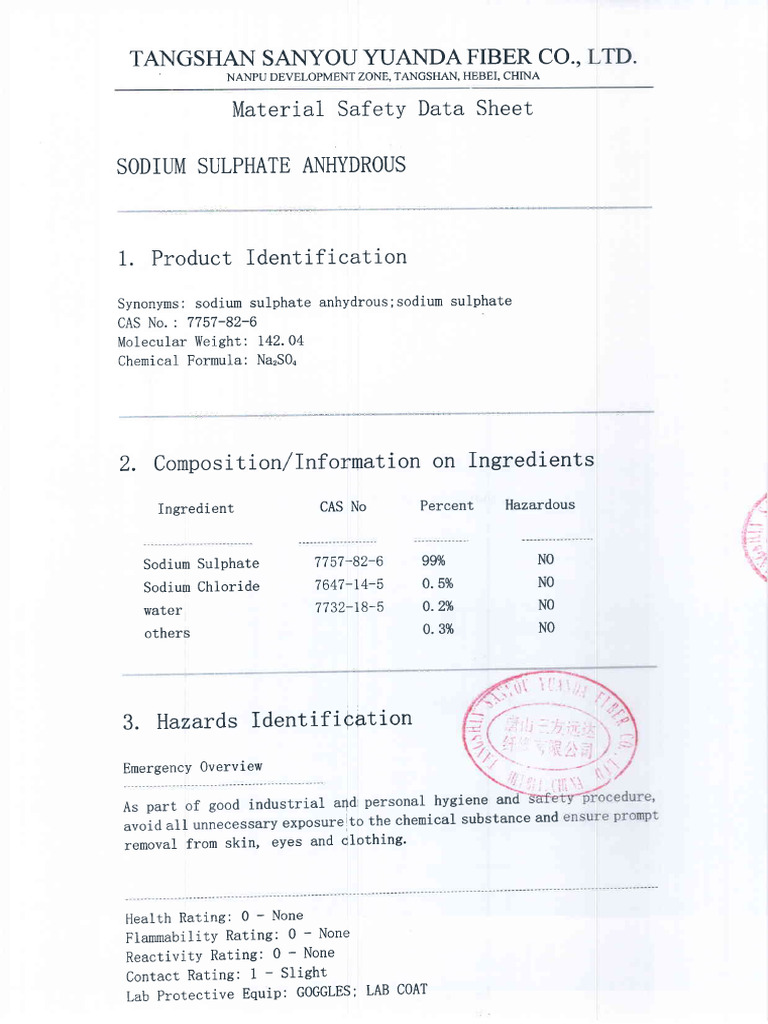 Sodium Sulfate Anhydrous Safety Data Sheet | PDF | Occupational Safety ...
