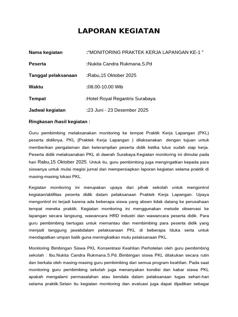 Laporan Monitoring PKL 2-Regantris Sby | PDF