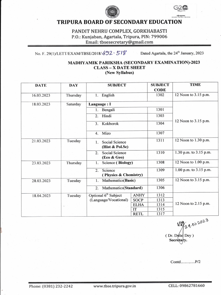 TBSE Madhyamik HS Exam Schedule 2023 | PDF | Schools | Secondary Education