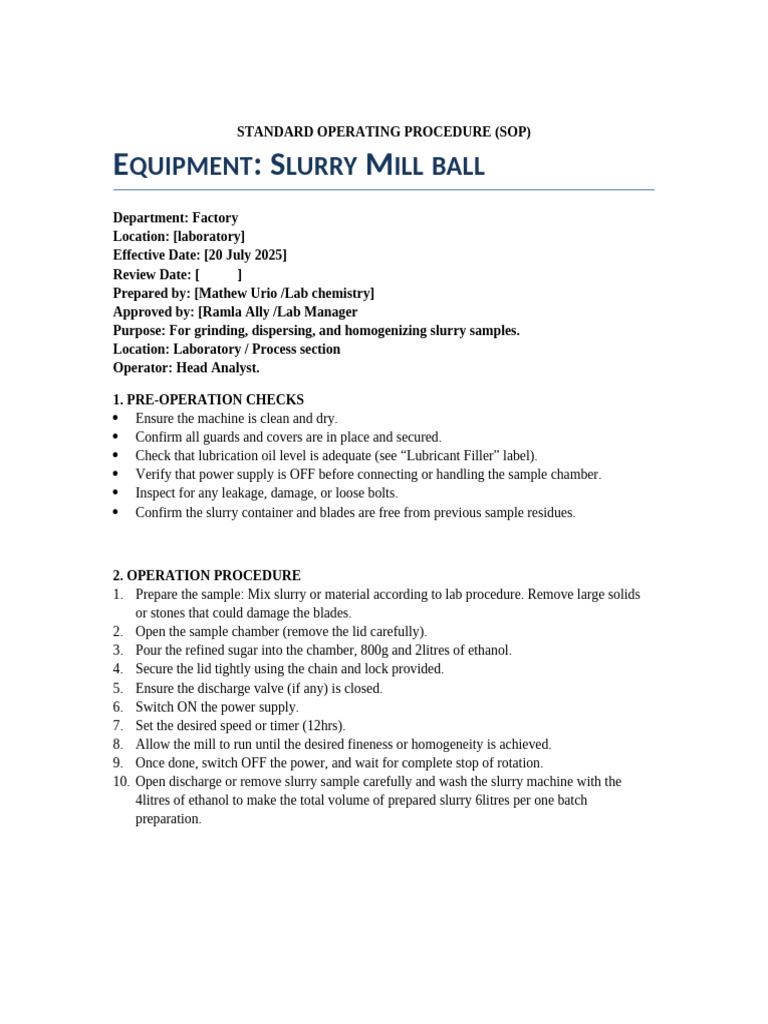 Slurry Mill Ball SOP for Lab Operations | PDF