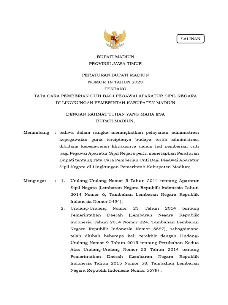 Tata Cara Cuti ASN Madiun 2023 | PDF
