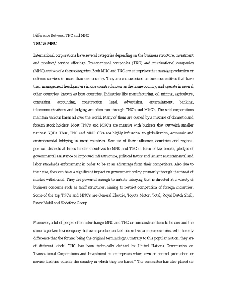 Difference Between TNC and MNC | PDF | Multinational Corporation | Research And Development