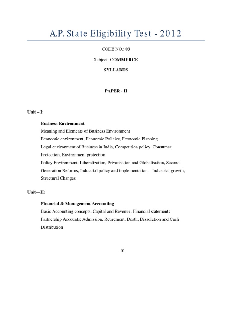 A.P. State Eligibility Test 2012 Commerce Syllabus | PDF