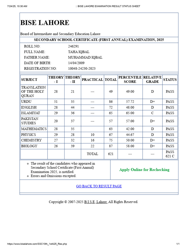 BISE Lahore SSC Exam Result 2025 | PDF