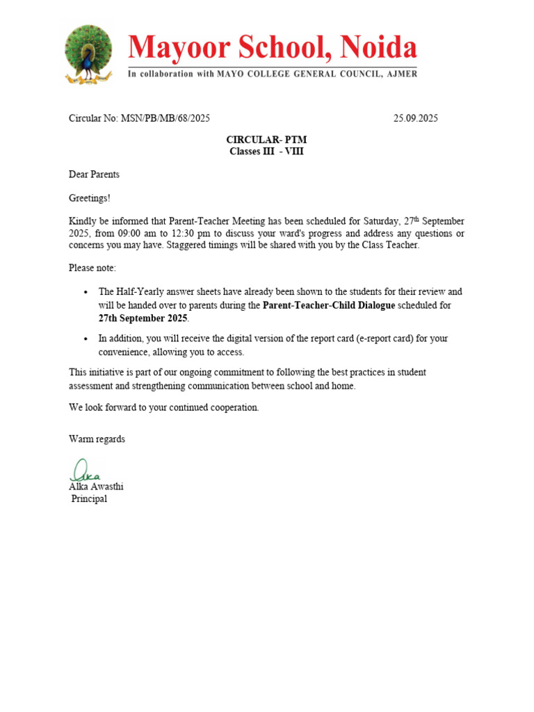 PTM Circular - Classses III - VIII | PDF