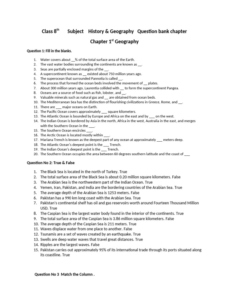 8th Grade History & Geography Question Bank | PDF | Oceans | Sea