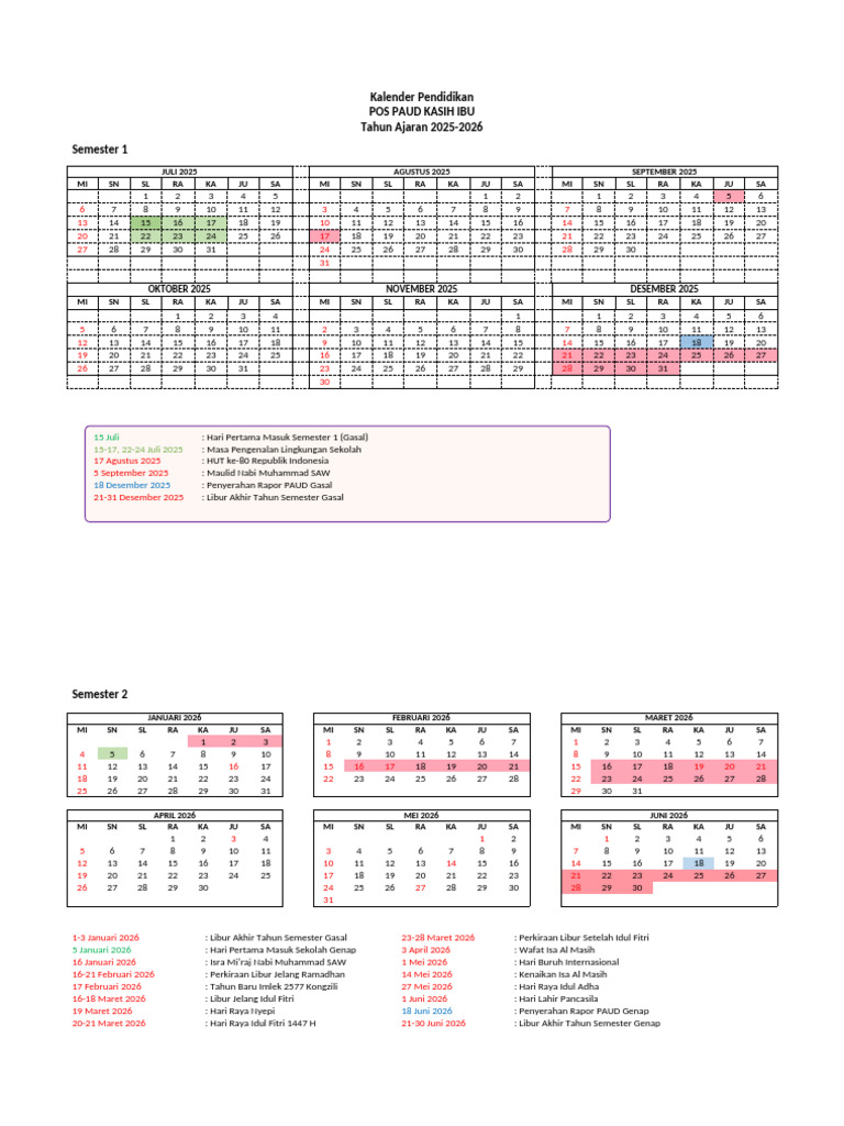Kalender Pendidikan PAUD 2025-2026 | PDF