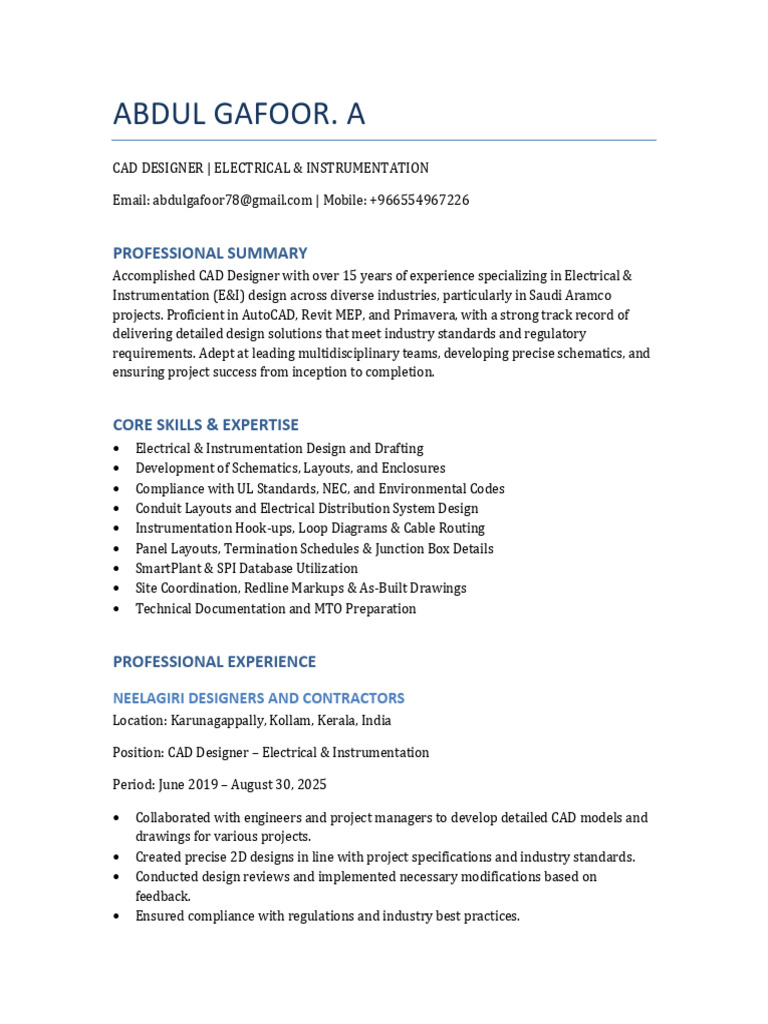 CAD Designer: Electrical & Instrumentation | PDF | Computer Aided Design